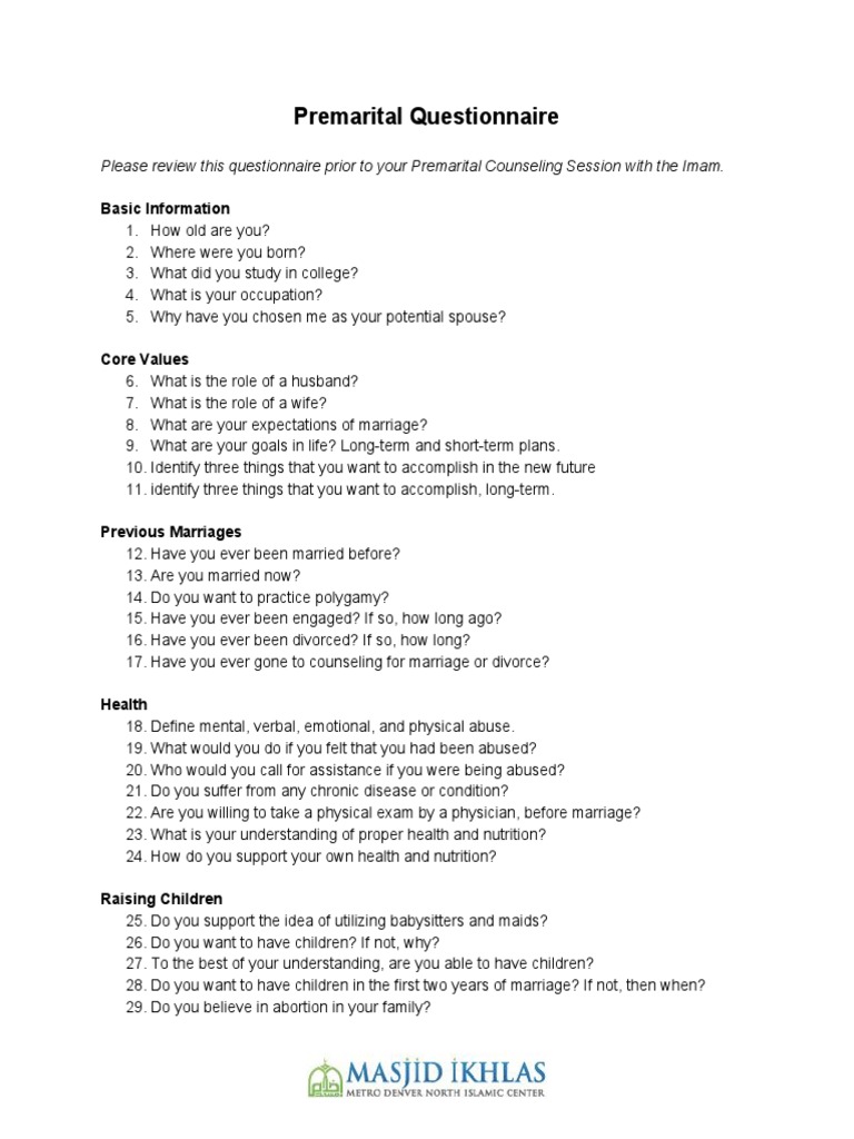 Premarital Questionnaire | PDF