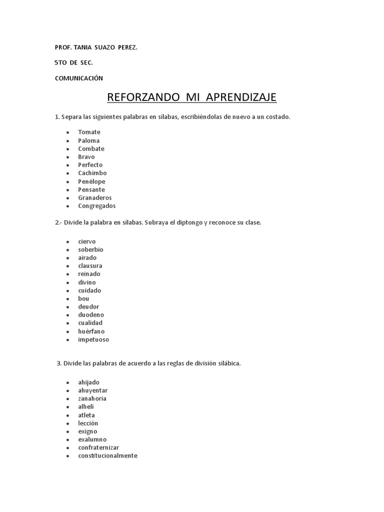 Ejercicios de Diptongos y Sílabas | PDF