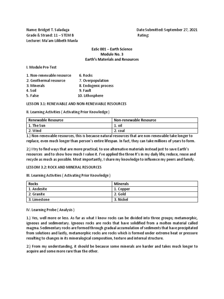 Easc 001 - Earth Science Module No. 3 Earth'S Materials and Resources ...
