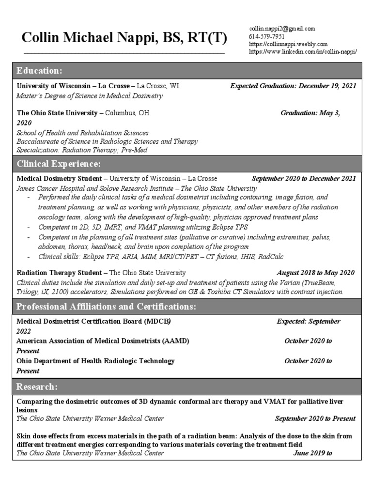 Collin Nappi Resume | PDF | Radiation Therapy | Health Sciences
