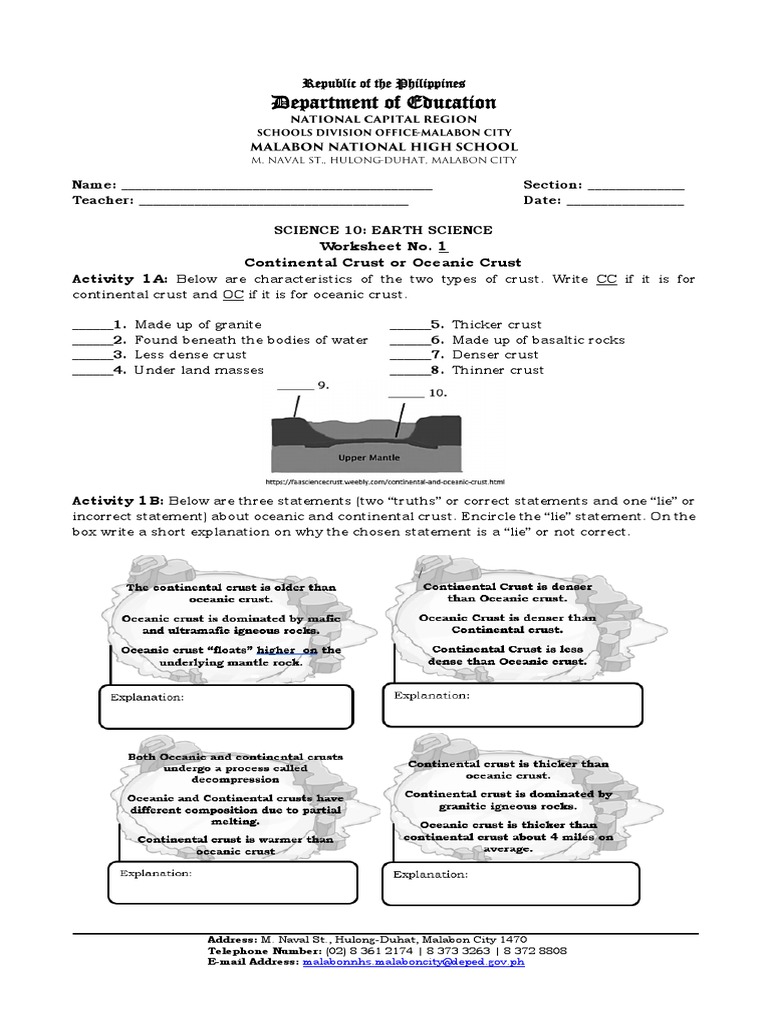 Worksheet 1 Continental Vs Oceanic Crust | PDF