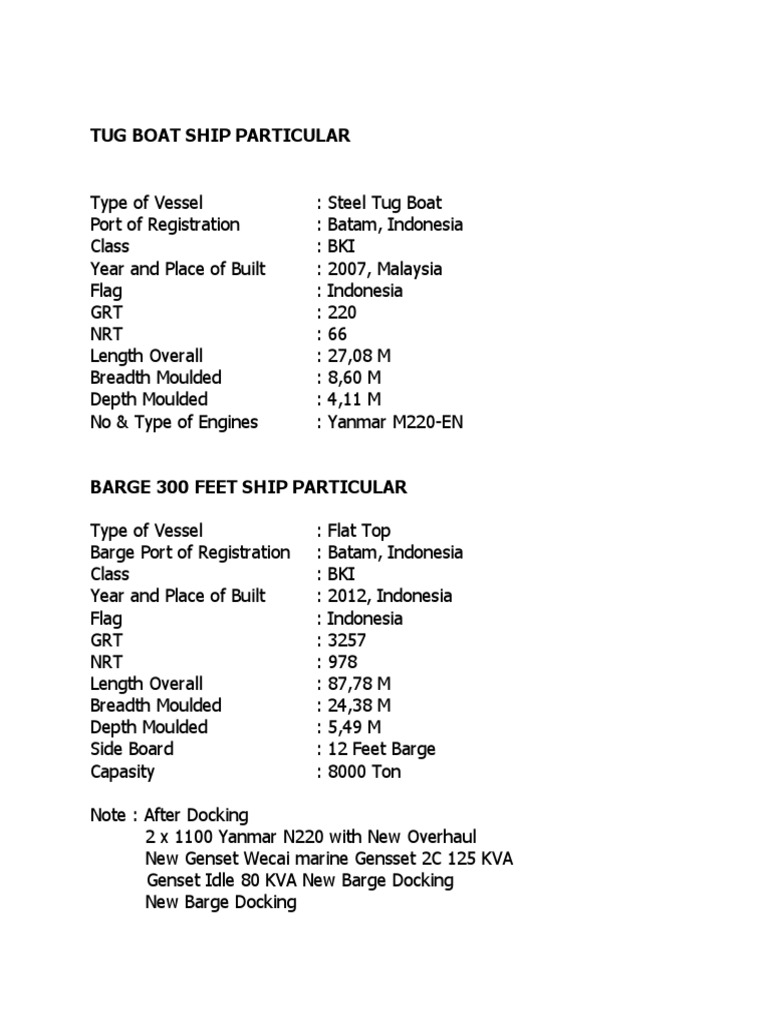 Tugboat and Barge Ship Particulars | PDF
