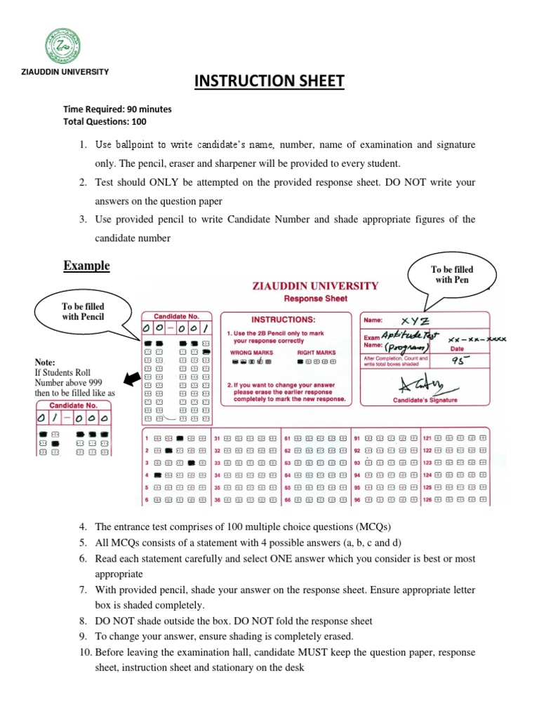 Instruction Sheet: Example | PDF | Multiple Choice | Test (Assessment)