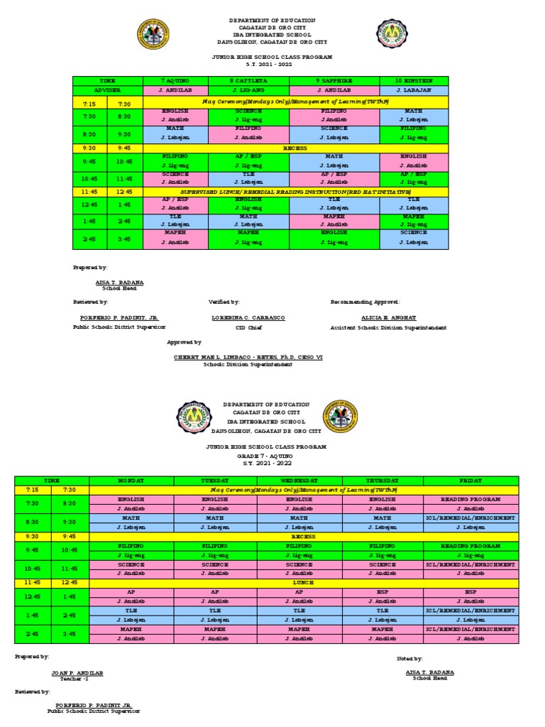 Junior High School Class Schedule for Grades 7-8 at Iba Integrated ...