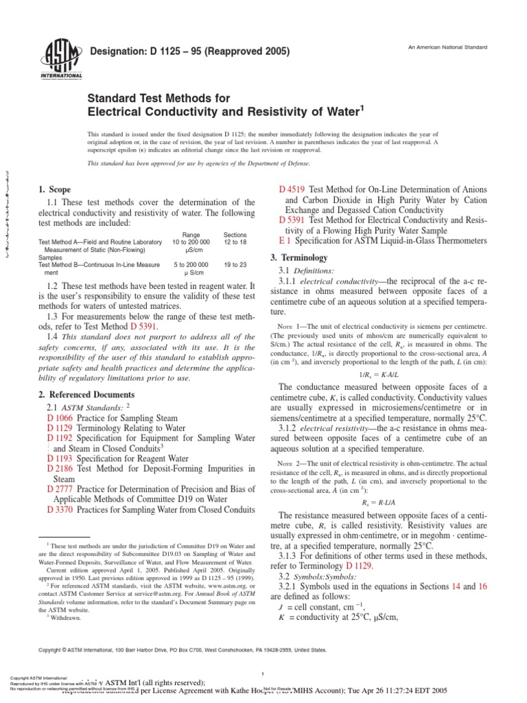 ASTM D 1125-Reaprob. 2005 | PDF | Electrical Resistivity And ...