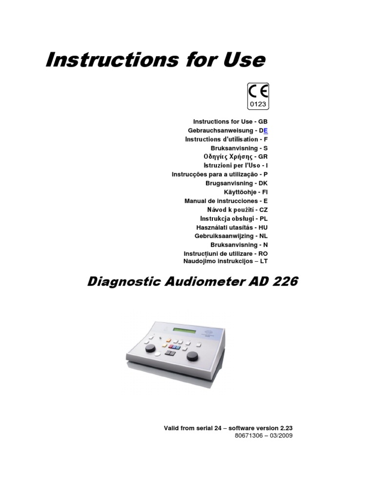 Instructions For Use: Diagnostic Audiometer AD 226 | PDF | Otology ...