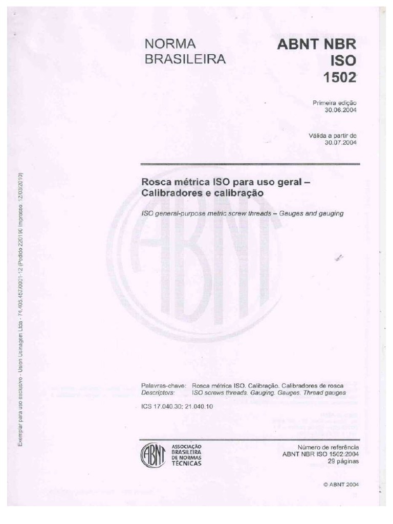 ISO 1502 (ABNT BR) - Rosca Métrica ISO - Calibradores e Calibração | PDF