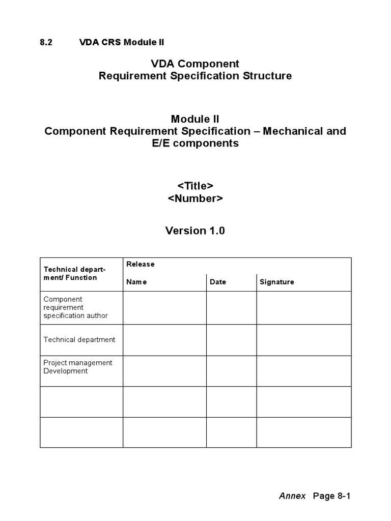 VDA Structur Component Requirement Specification Module II | PDF ...