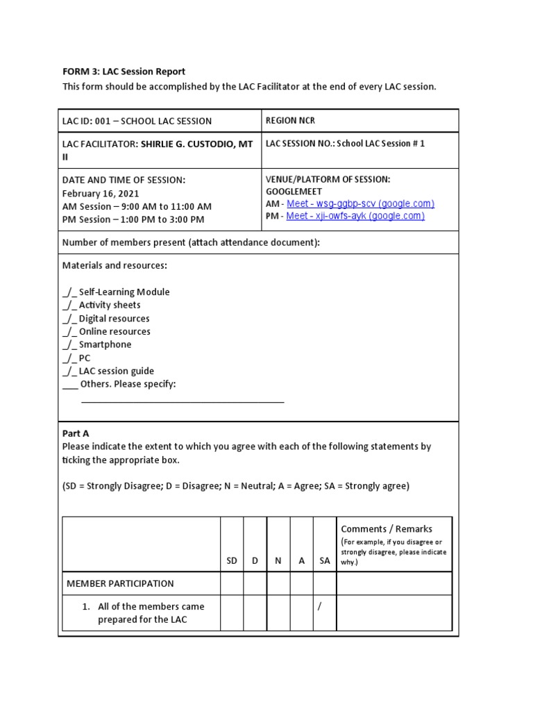 Form 3. LAC Session Report 1 | PDF | Communication | Cognition