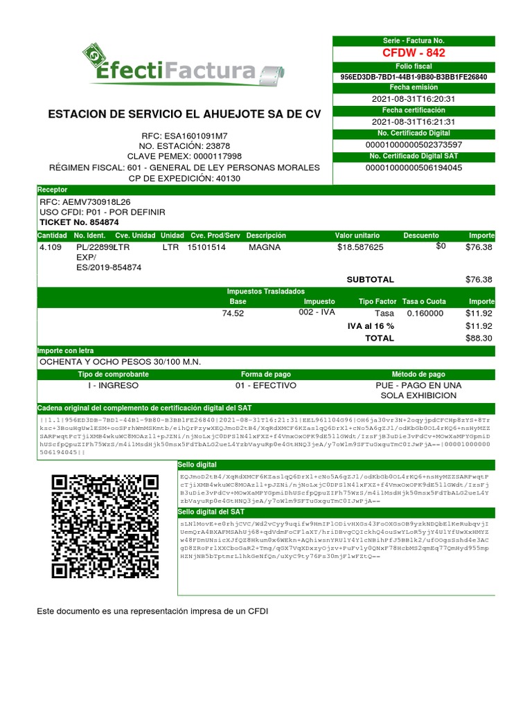 Estacion de Servicio El Ahuejote Sa de CV: CFDW - 842 | PDF | Pagos ...