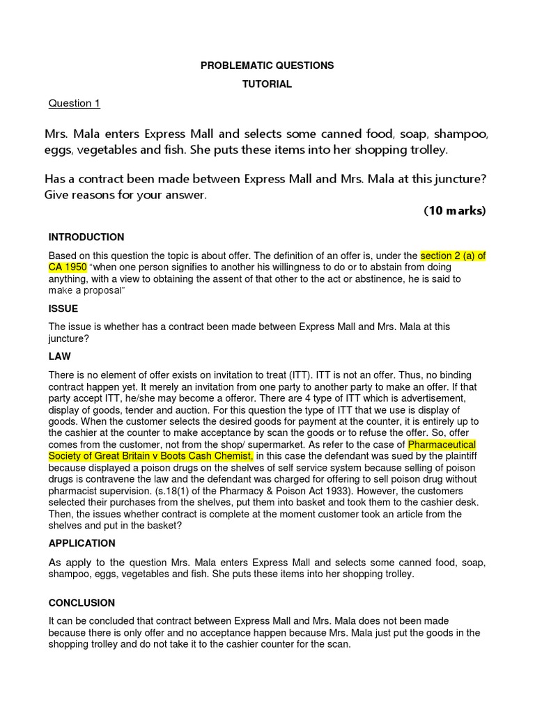 Problematic Questions Tutorial: (10 Marks) | PDF | Offer And Acceptance ...