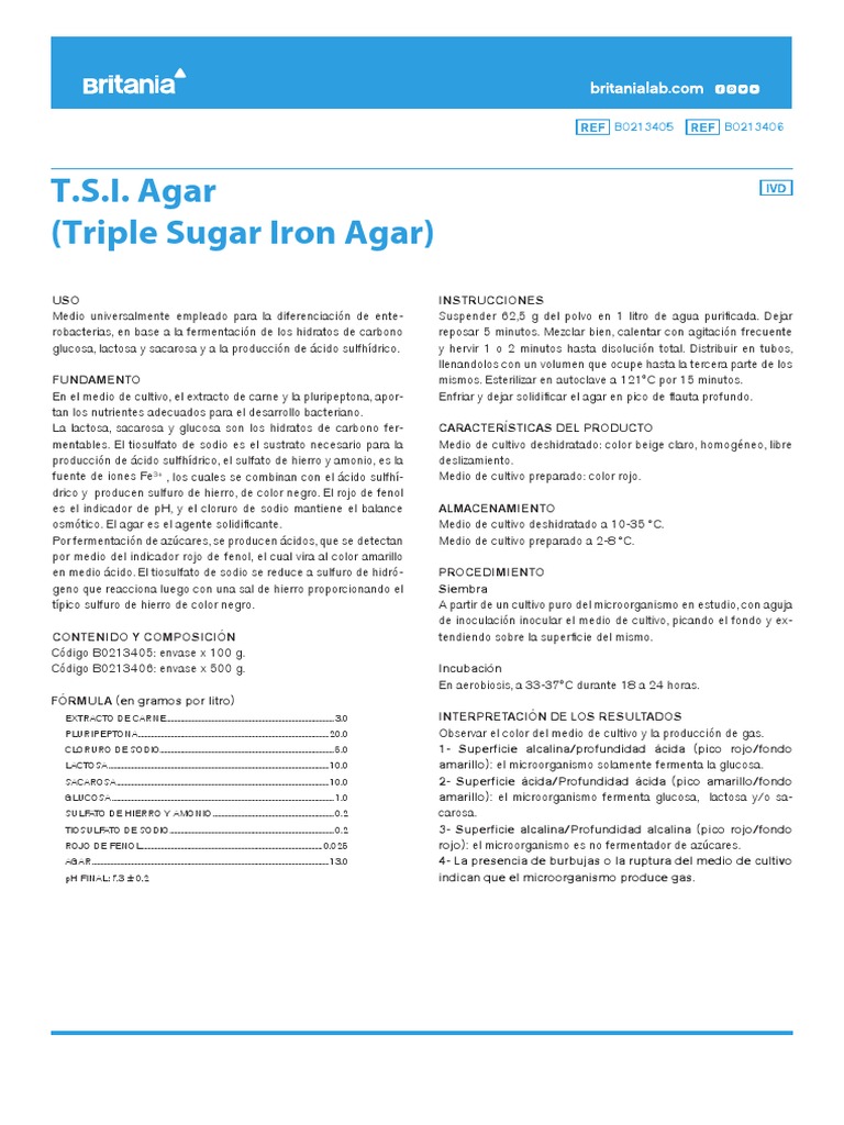 T.S.I. Agar (Triple Sugar Iron Agar) | PDF | Ácido | Carbohidratos