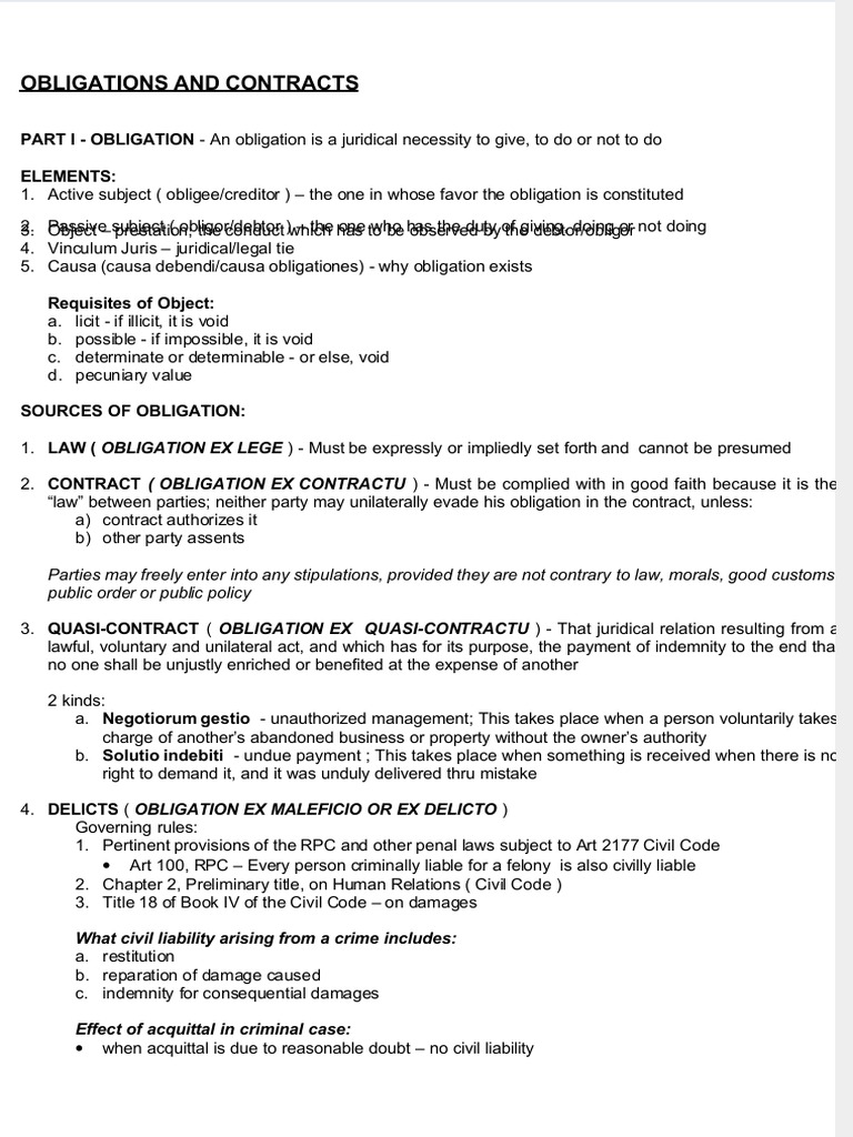 Obligations and Contracts Overview Guide | PDF | Law Of Obligations ...