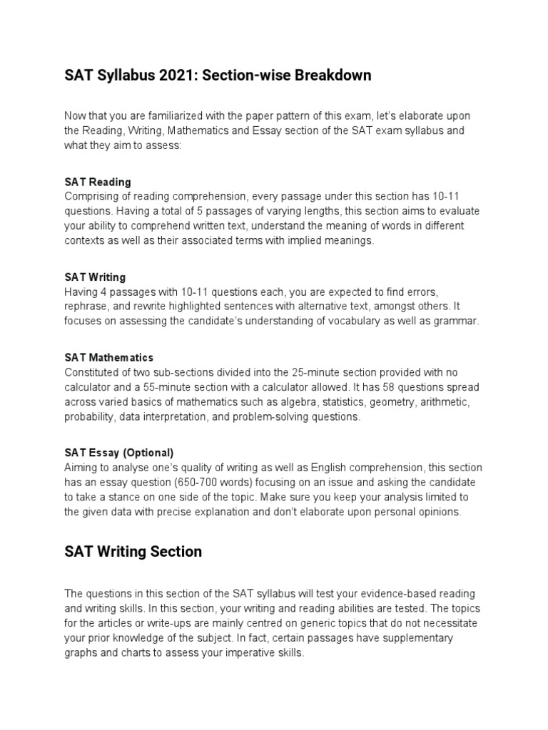 SAT Syllabus 2021: Section-Wise Breakdown | PDF | Sat | Mathematics