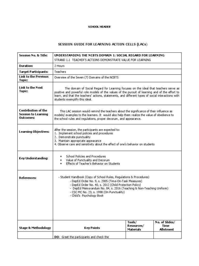 Session Guide For Learning Action Cells (Lacs) : School Header ...