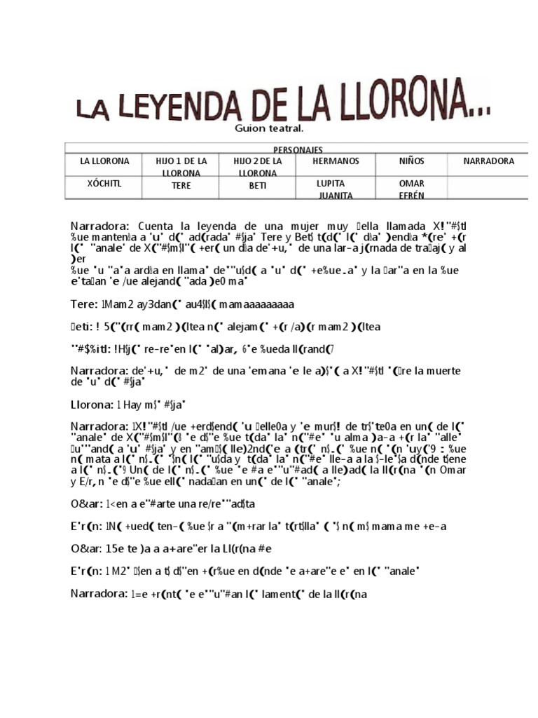 Guion Teatral Leyenda de La Llorona | PDF | Criaturas legendarias femeninas