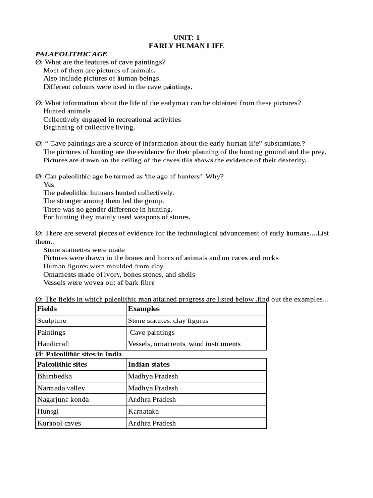 Palaeolithic Age: Unit: 1 Early Human Life | PDF