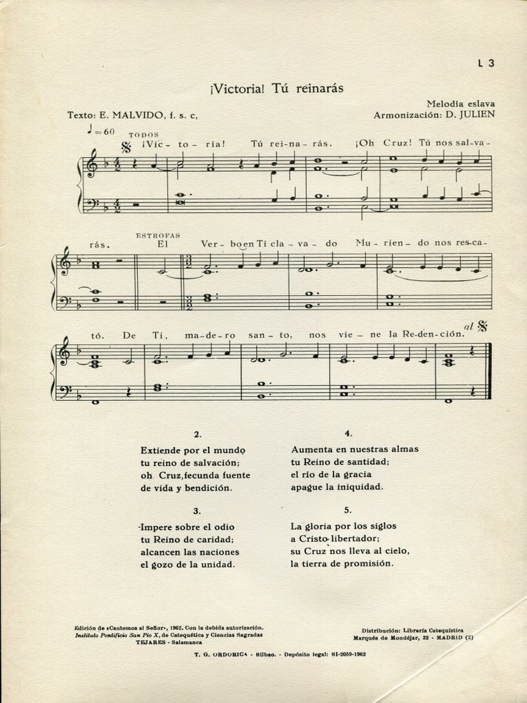 Victoria, Tú Reinarás (L 3) (LETRA y PARTITURA, Posible ÓRGANO ...