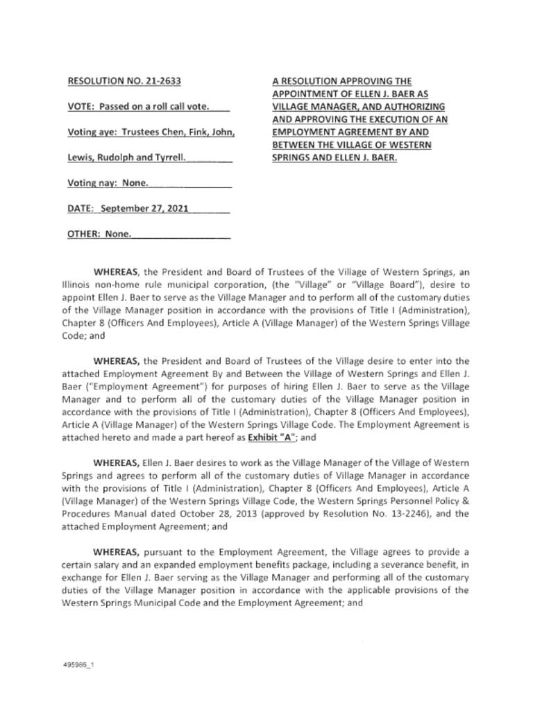 Ellen Baer Employment Agreement Western Springs | PDF | Employment ...