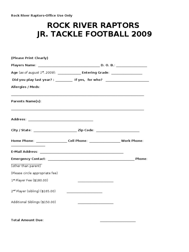 Rock River Raptors Football Registration Form | PDF