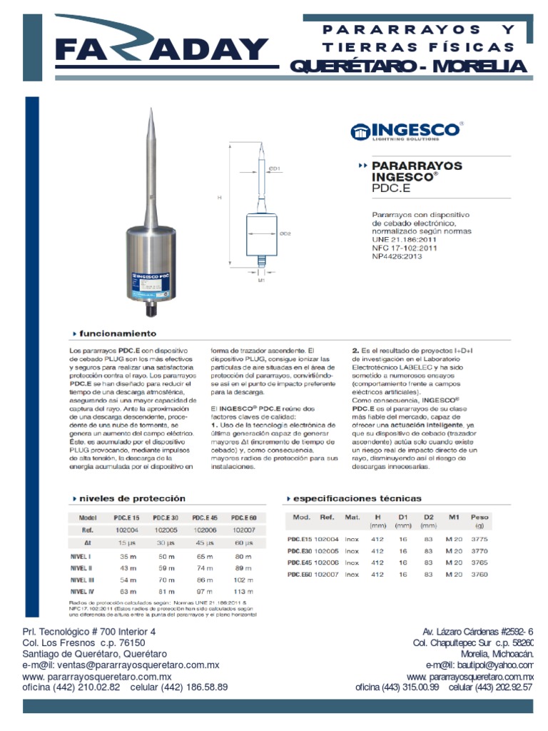 Ficha Tecnica Pararrayos Ingesco Modelos PDCE 2020 | PDF