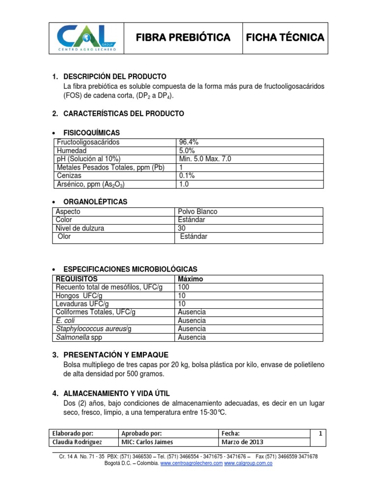 Ficha Técnica de Fibra Prebiótica | PDF | Dieta y nutrición | Fibra ...