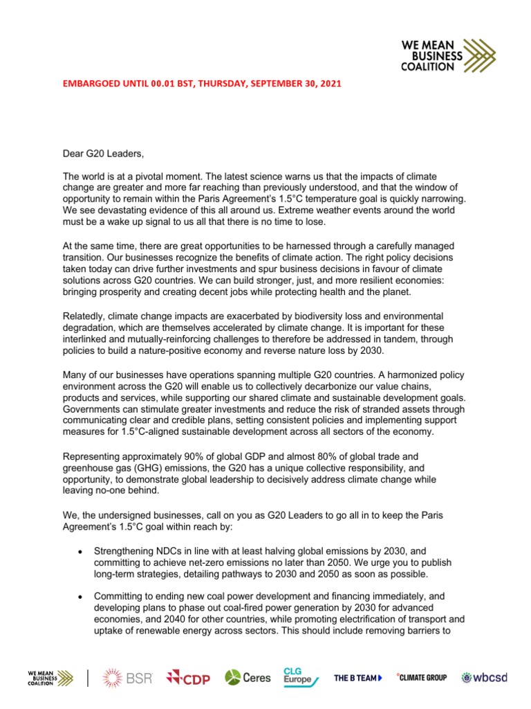 G20 Business Letter We Mean Business Coalition | PDF | Climate Change ...