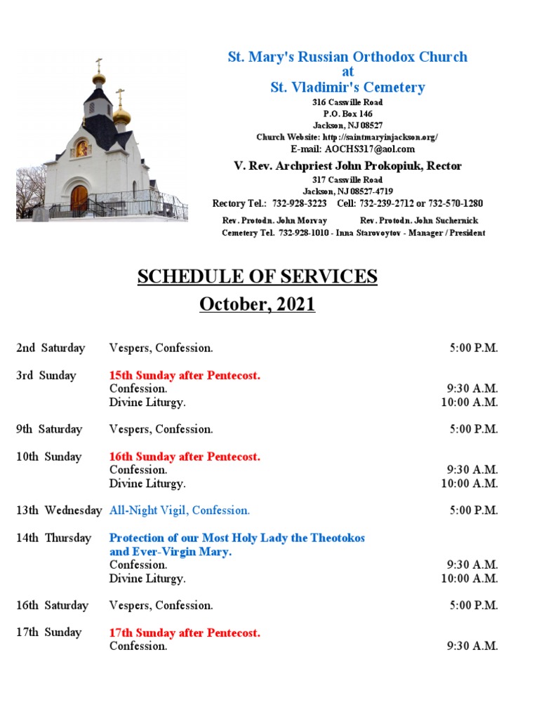 Schedule of Divine Services - October, 2021 | PDF | Pentecost | Anglicanism