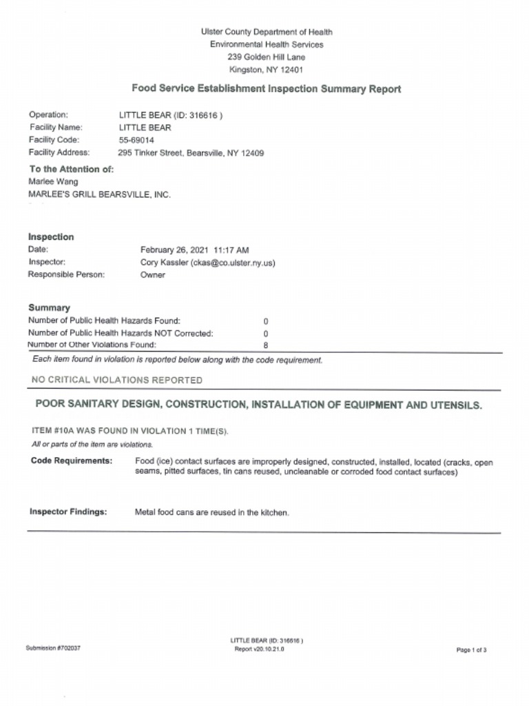 Little Bear Health Inspections Report | PDF