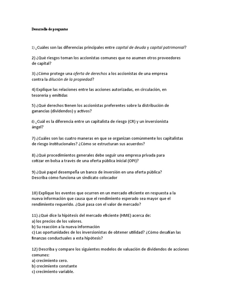 Desarrollo de Preguntas Capitulo | PDF | Compartir (Finanzas) | Business