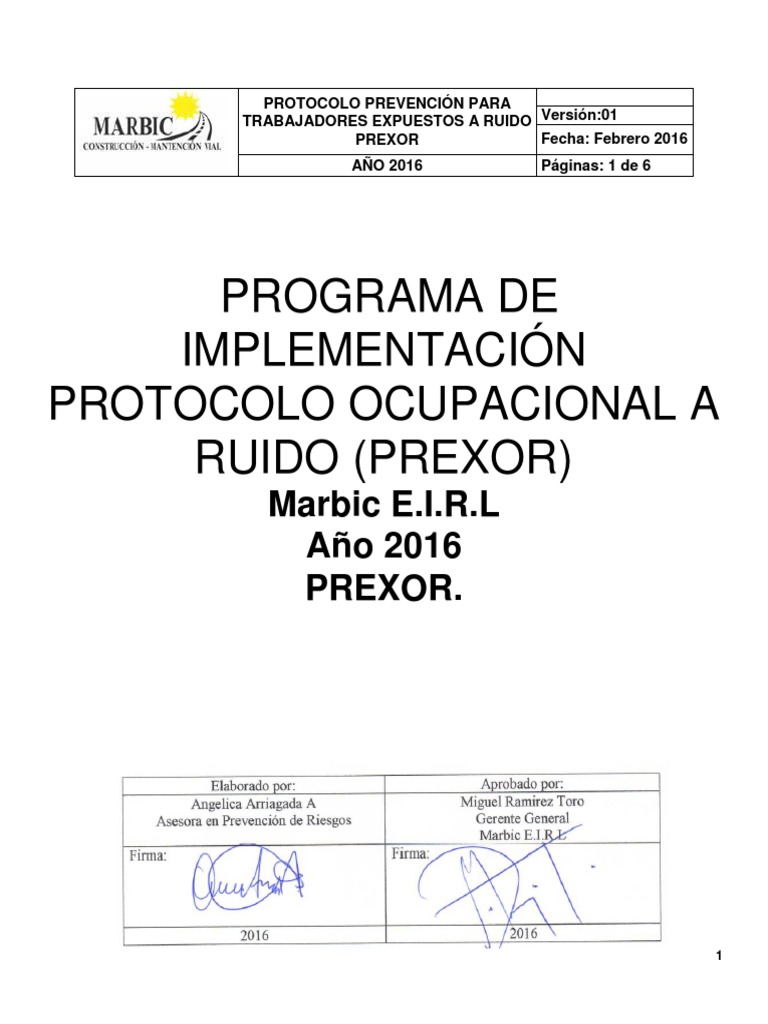 PROGRAMA DE IMPLEMENTACIÓN PROTOCOLO OCUPACIONAL A RUIDO (PREXOR ...