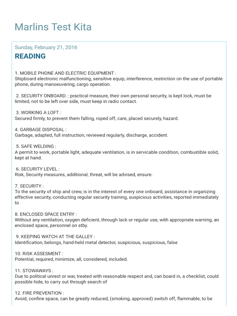 Marlins Test Kita - READING | PDF | Personal Protective Equipment | Ships