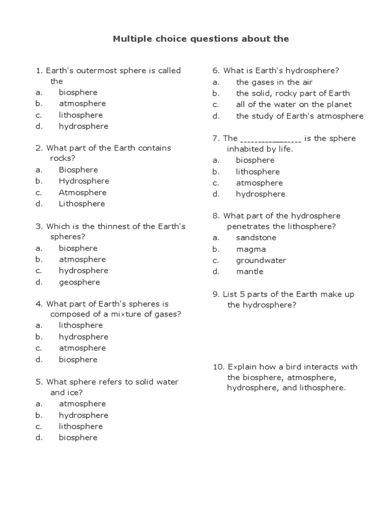 Earth's Spheres: Multiple Choice Quiz | PDF | Science & Mathematics