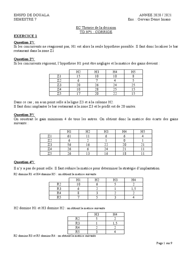 TD1 Theorie Décision 2021 Corrigé | PDF | Optimisation linéaire | Algorithmes