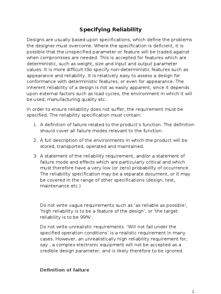 Specifying Reliability: Definition of Failure | PDF | Reliability ...