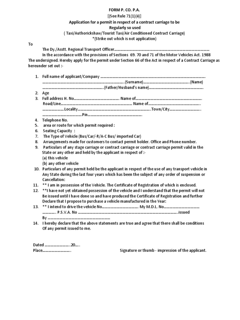 PCOPA Contract Carriage Permit Form | PDF | Bus | Vehicles