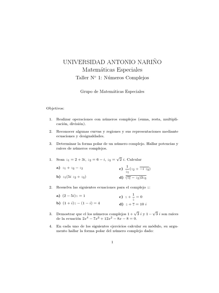 Taller 1 Números Complejos | PDF | Número complejo | Ecuaciones