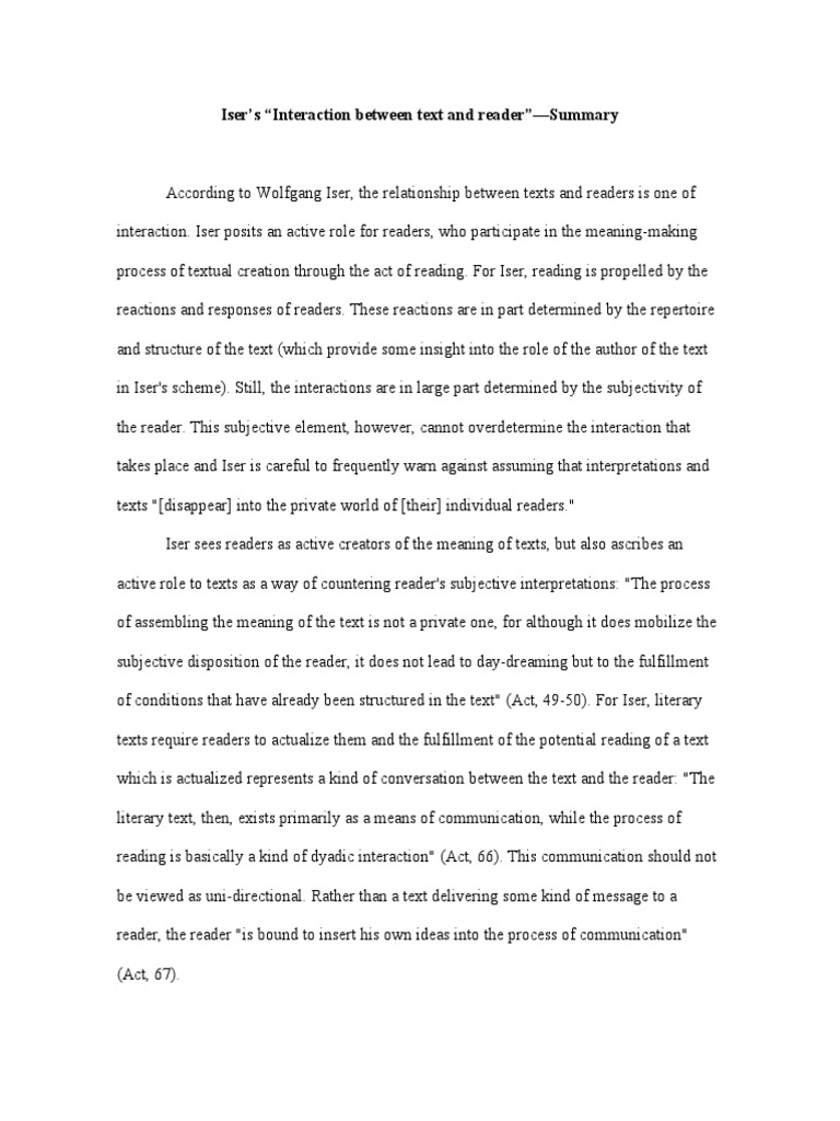 Iser's "Interaction Between Text and Reader"-Summary | PDF
