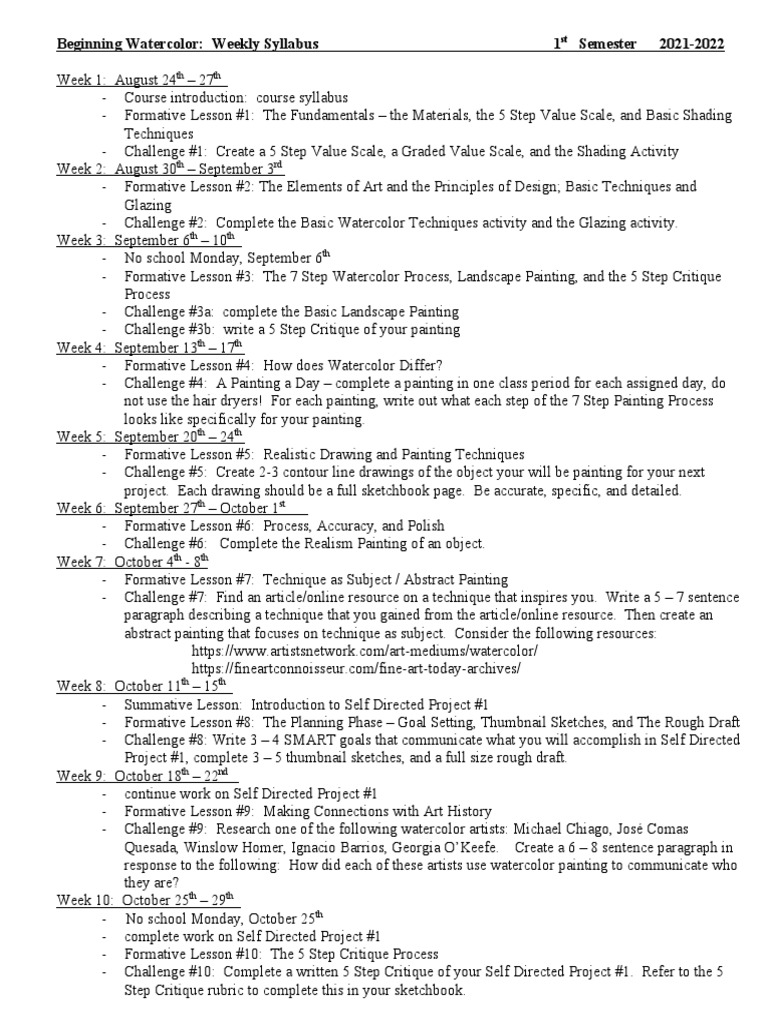 21-22 Beginning Watercolor 1st Semester Weekly Syllabus | PDF | Drawing ...