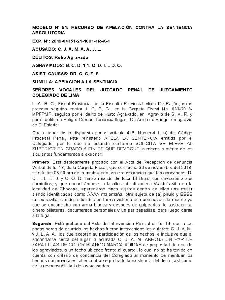 Modelo de Recurso de Apelación Contra La Sentencia Absolutoria | PDF | Sentencia (ley ...