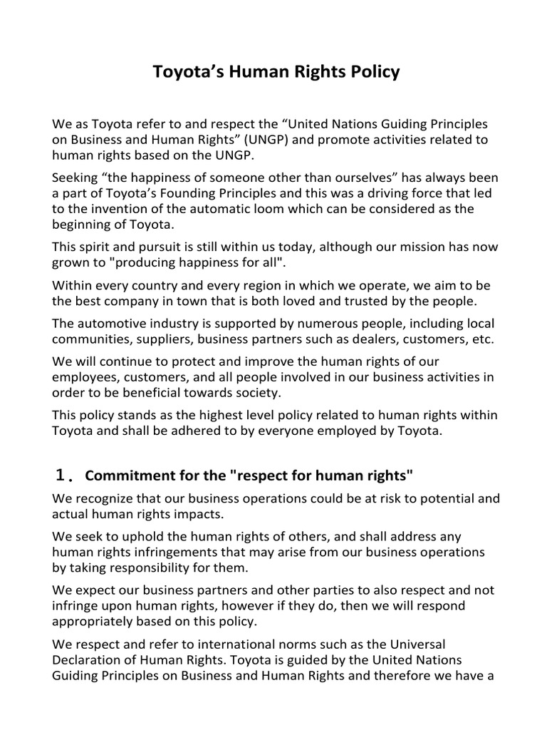 Toyota's Human Rights Policy | PDF | Harassment | Due Diligence