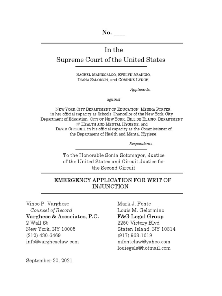 Maniscalco V NYC Education Dept Emergency Injunction Application | PDF ...