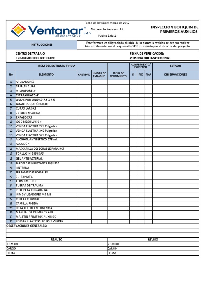 Actualizado 170329 Formato Inspeccion de Botiquin | PDF | Servicios médicos de emergencia | Higiene