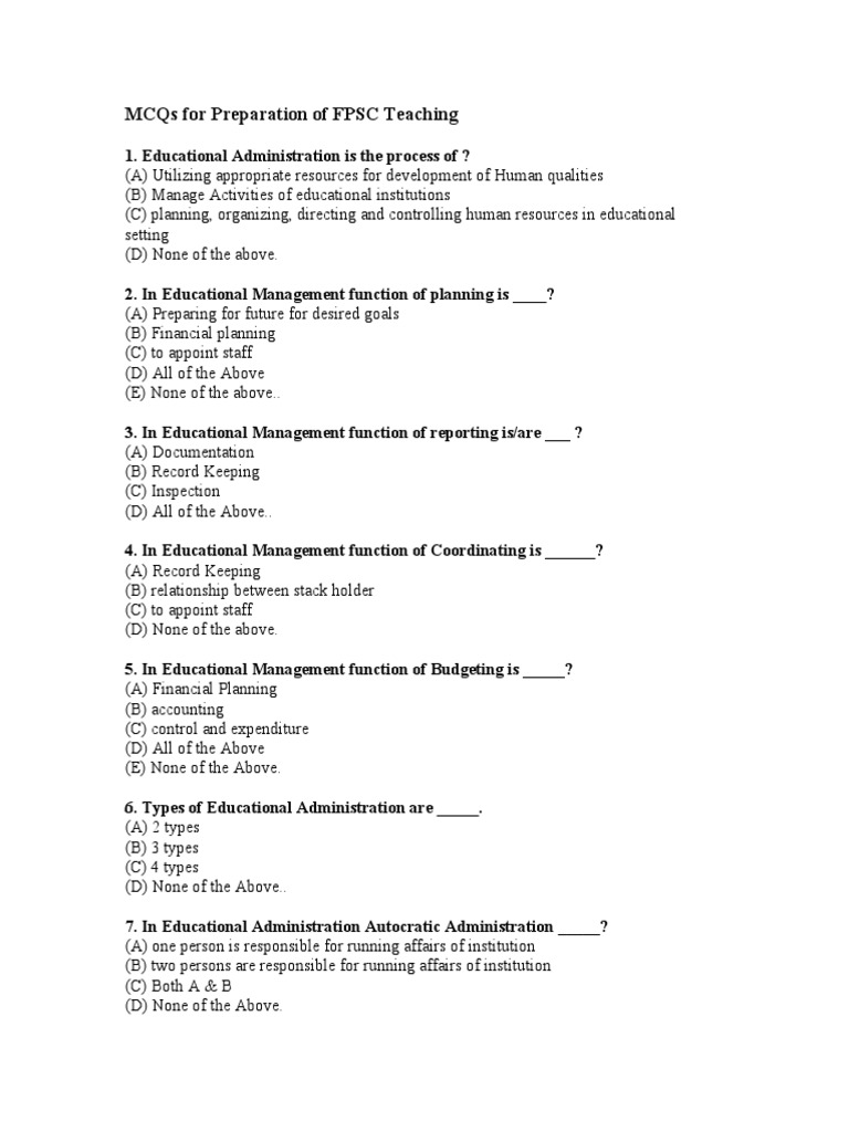 MCQs For Preparation of FPSC Teaching | PDF | Educational Assessment ...