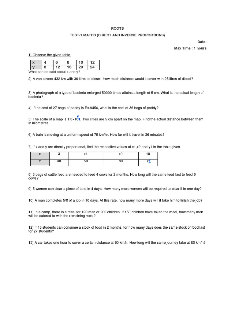 Test-1 Maths Direct & Inverse Proportions | PDF