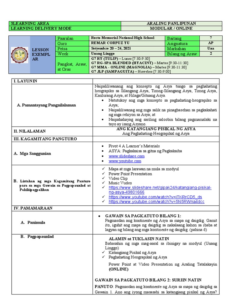 Ap G7 Modular Exemplar Week 1 | PDF