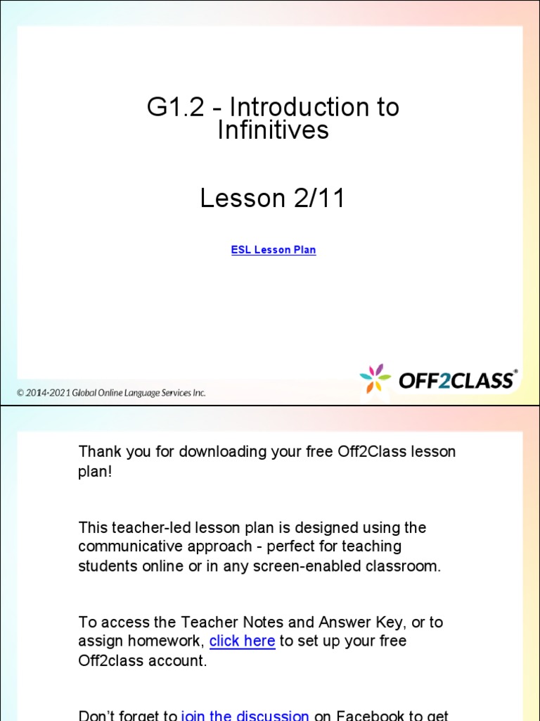 Teaching Infinitives: A Free Introductory ESL Lesson Plan | PDF ...