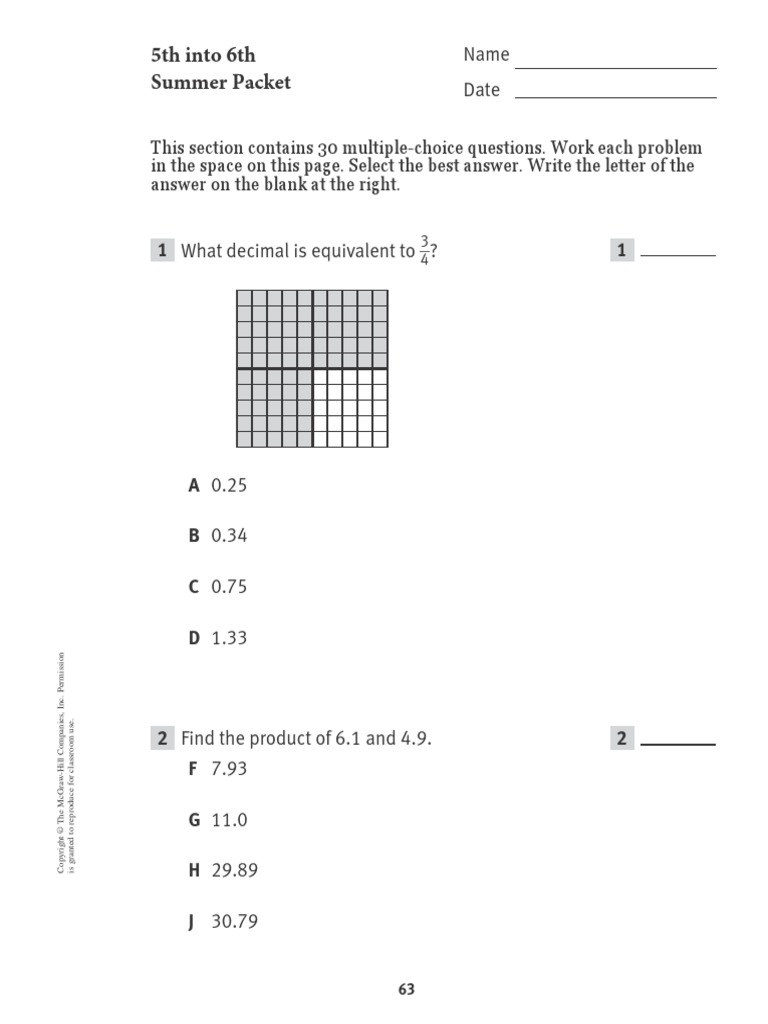 5th Grade Going Into 6th Grade Math Summer Packet | PDF