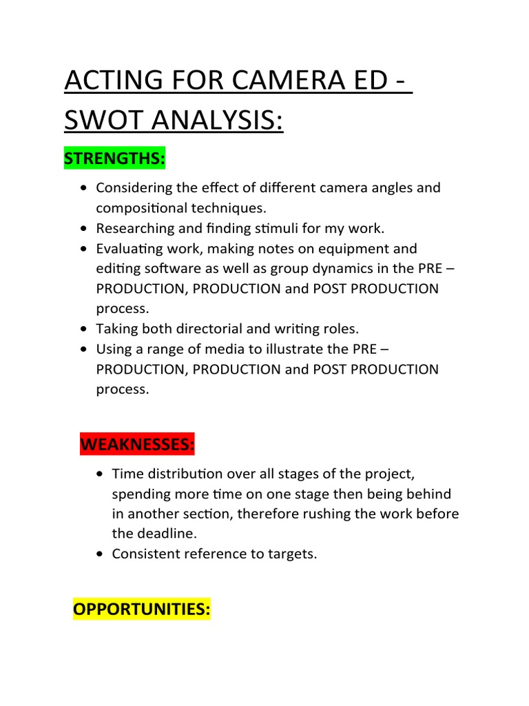 Acting For Camera Ed - Swot Analysis | PDF