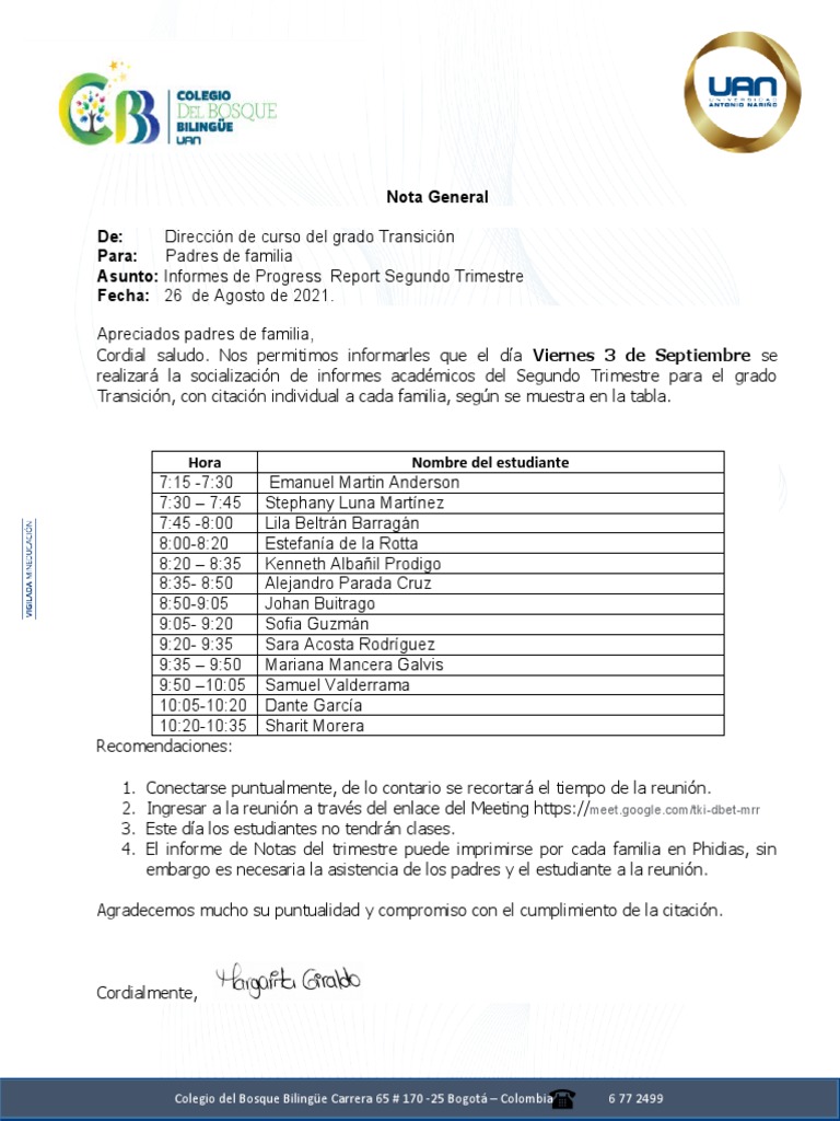 Nota+General +Citación+a+Progress+Report+ | PDF